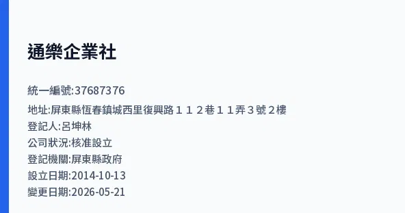 通樂企業社的照片-統編 37687376(屏東縣) 公司登記資料與營業項目詳細圖表
