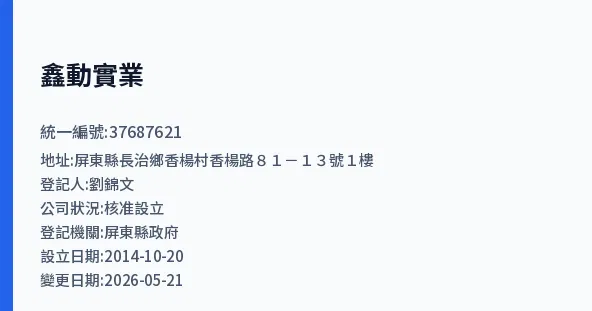 鑫動實業的照片-統編 37687621(屏東縣) 公司登記資料與營業項目詳細圖表