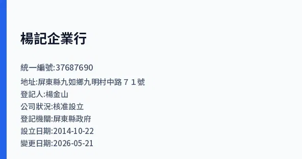 楊記企業行的照片-統編 37687690(屏東縣) 公司登記資料與營業項目詳細圖表