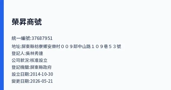 榮昇商號的照片-統編 37687951(屏東縣) 公司登記資料與營業項目詳細圖表