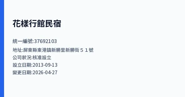花樣行館民宿的照片-統編 37692103(屏東縣) 公司登記資料與營業項目詳細圖表