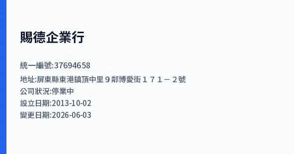 賜德企業行的照片-統編 37694658(屏東縣) 公司登記資料與營業項目詳細圖表