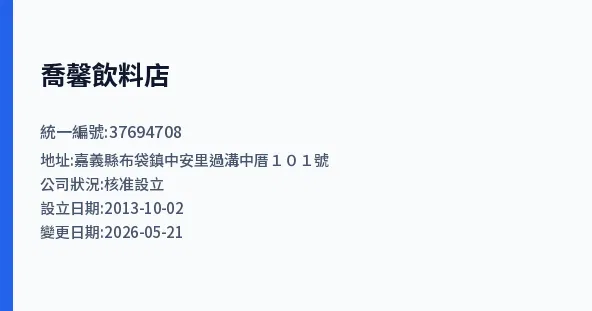 喬馨飲料店的照片-統編 37694708(嘉義縣) 公司登記資料與營業項目詳細圖表