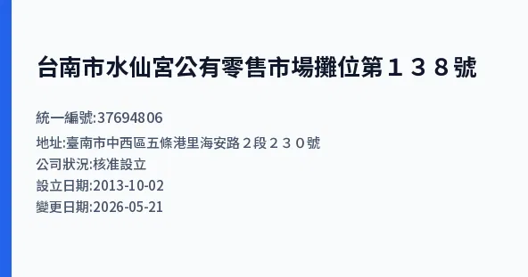 台南市水仙宮公有零售市場攤位第138號的照片-統編 37694806(臺南市) 公司登記資料與營業項目詳細圖表