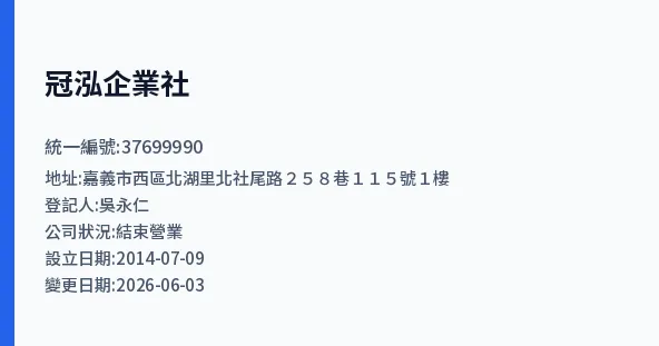 冠泓企業社的照片-統編 37699990(嘉義市) 公司登記資料與營業項目詳細圖表