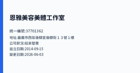 恩雅美容美體工作室的照片-統編 37701362(嘉義市) 公司登記資料與營業項目詳細圖表