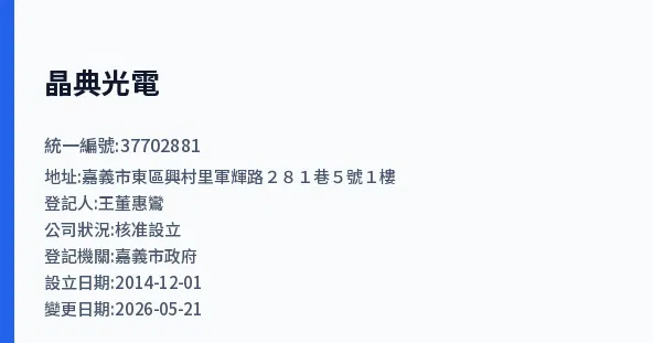 晶典光電的照片-統編 37702881(嘉義市) 公司登記資料與營業項目詳細圖表