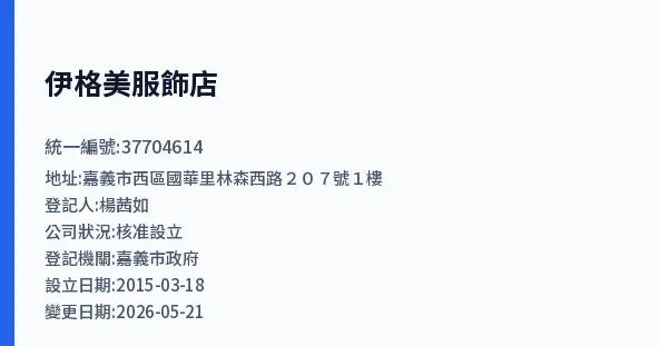 伊格美服飾店的照片-統編 37704614(嘉義市) 公司登記資料與營業項目詳細圖表