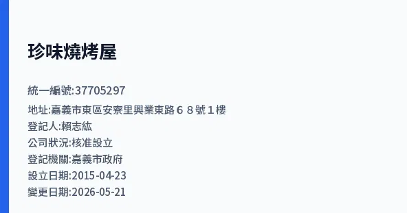 珍味燒烤屋的照片-統編 37705297(嘉義市) 公司登記資料與營業項目詳細圖表