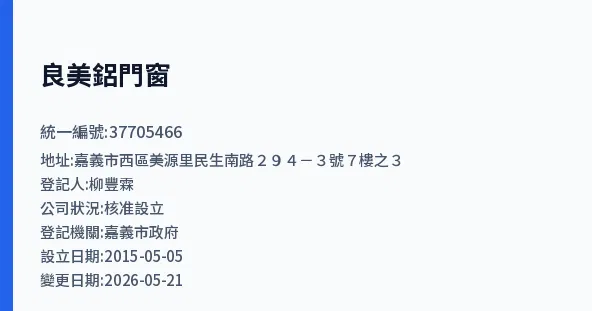 良美鋁門窗的照片-統編 37705466(嘉義市) 公司登記資料與營業項目詳細圖表