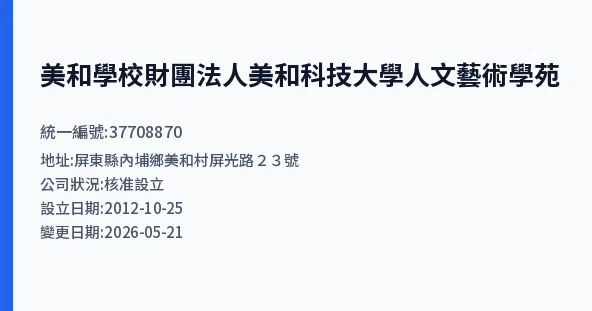 美和學校財團法人美和科技大學人文藝術學苑的照片-統編 37708870(屏東縣) 公司登記資料與營業項目詳細圖表