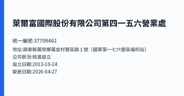 萊爾富國際股份有限公司第四一五六營業處的照片-統編 37709462(屏東縣) 公司登記資料與營業項目詳細圖表