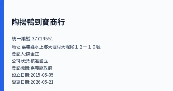 陶揚鴨到寶商行的照片-統編 37719551(嘉義縣) 公司登記資料與營業項目詳細圖表