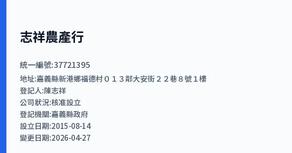 志祥農產行的照片-統編 37721395(嘉義縣) 公司登記資料與營業項目詳細圖表