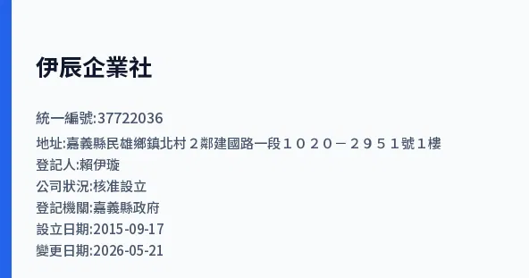 伊辰企業社的照片-統編 37722036(嘉義縣) 公司登記資料與營業項目詳細圖表
