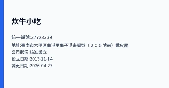 炊牛小吃的照片-統編 37723339(臺南市) 公司登記資料與營業項目詳細圖表