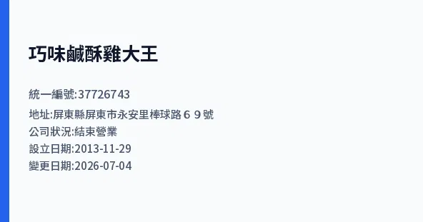 巧味鹹酥雞大王的照片-統編 37726743(屏東縣) 公司登記資料與營業項目詳細圖表
