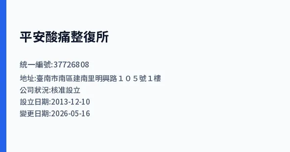平安酸痛整復所的照片-統編 37726808(臺南市) 公司登記資料與營業項目詳細圖表