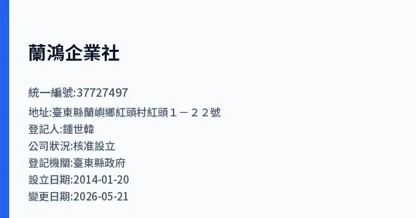蘭鴻企業社的照片-統編 37727497(臺東縣) 公司登記資料與營業項目詳細圖表