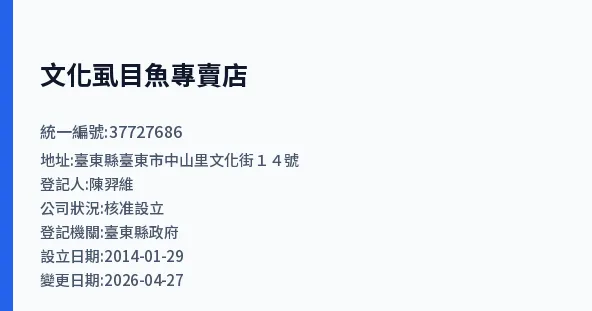 文化虱目魚專賣店的照片-統編 37727686(臺東縣) 公司登記資料與營業項目詳細圖表