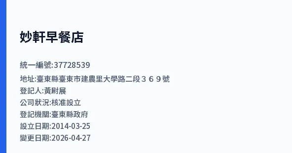 妙軒早餐店的照片-統編 37728539(臺東縣) 公司登記資料與營業項目詳細圖表