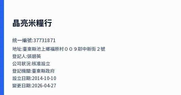 晶亮米糧行的照片-統編 37731871(臺東縣) 公司登記資料與營業項目詳細圖表