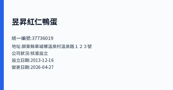 昱昇紅仁鴨蛋的照片-統編 37736019(屏東縣) 公司登記資料與營業項目詳細圖表