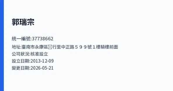 郭瑞宗的照片-統編 37738662(臺南市) 公司登記資料與營業項目詳細圖表