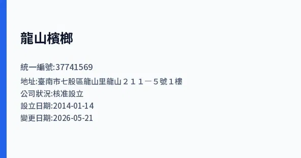 龍山檳榔的照片-統編 37741569(臺南市) 公司登記資料與營業項目詳細圖表