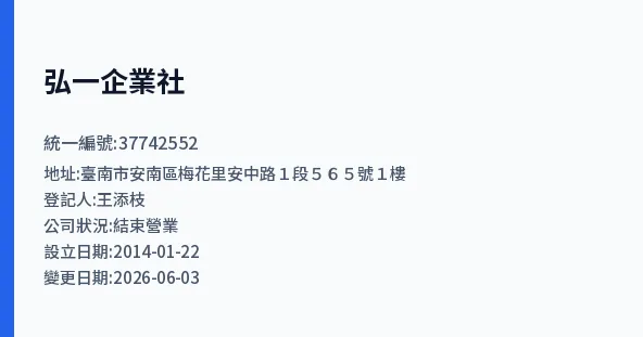 弘一企業社的照片-統編 37742552(臺南市) 公司登記資料與營業項目詳細圖表