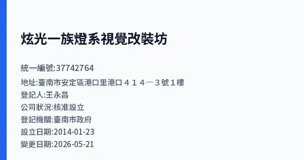 炫光一族燈系視覺改裝坊的照片-統編 37742764(臺南市) 公司登記資料與營業項目詳細圖表
