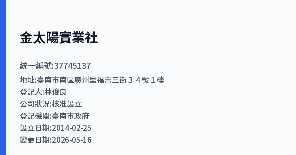 金太陽實業社的照片-統編 37745137(臺南市) 公司登記資料與營業項目詳細圖表