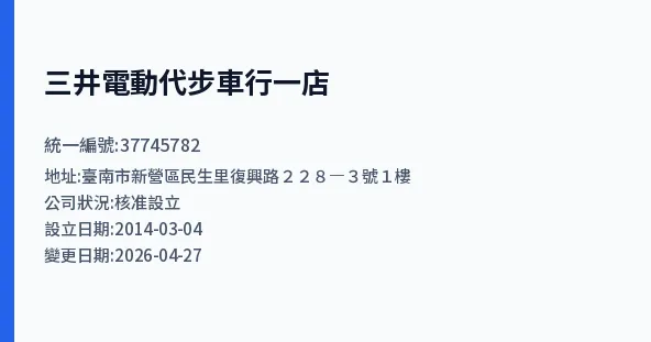三井電動代步車行一店的照片-統編 37745782(臺南市) 公司登記資料與營業項目詳細圖表
