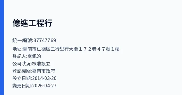 億進工程行的照片-統編 37747769(臺南市) 公司登記資料與營業項目詳細圖表