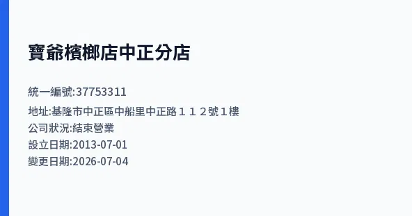 寶爺檳榔店中正分店的照片-統編 37753311(基隆市) 公司登記資料與營業項目詳細圖表