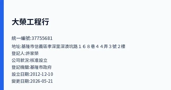 大榮工程行的照片-統編 37755681(基隆市) 公司登記資料與營業項目詳細圖表