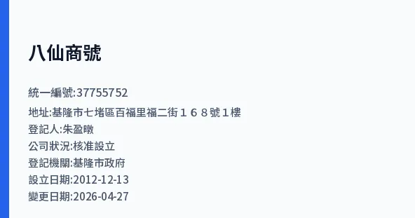 八仙商號的照片-統編 37755752(基隆市) 公司登記資料與營業項目詳細圖表