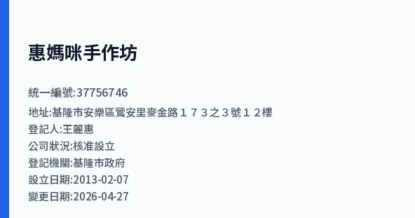 惠媽咪手作坊的照片-統編 37756746(基隆市) 公司登記資料與營業項目詳細圖表