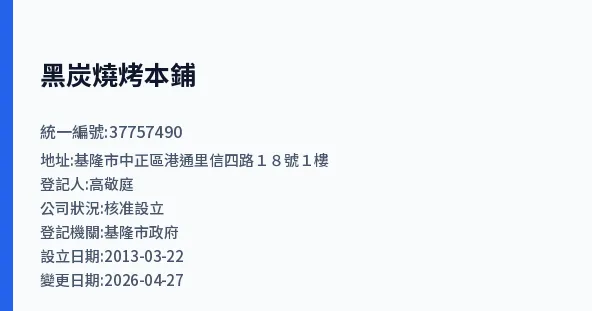 黑炭燒烤本鋪的照片-統編 37757490(基隆市) 公司登記資料與營業項目詳細圖表
