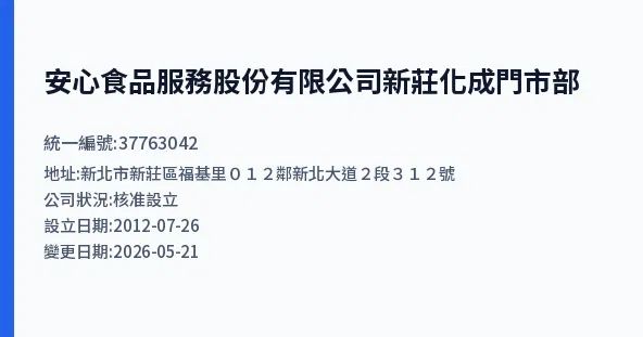 安心食品服務股份有限公司新莊化成門市部的照片-統編 37763042(新北市) 公司登記資料與營業項目詳細圖表
