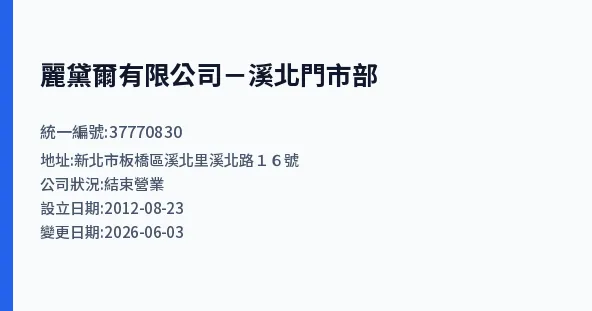 麗黛爾有限公司-溪北門市部的照片-統編 37770830(新北市) 公司登記資料與營業項目詳細圖表