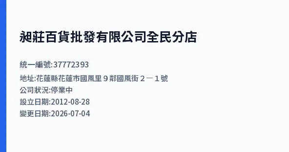 昶莊百貨批發有限公司全民分店的照片-統編 37772393(花蓮縣) 公司登記資料與營業項目詳細圖表