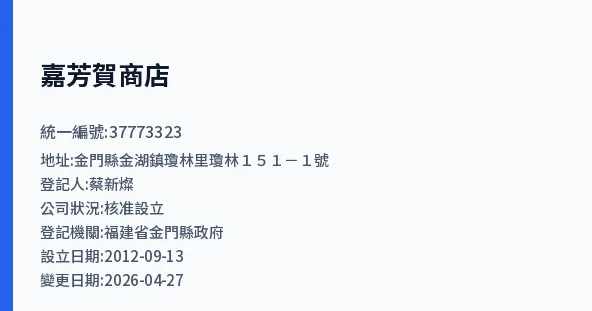 嘉芳賀商店的照片-統編 37773323(金門縣) 公司登記資料與營業項目詳細圖表