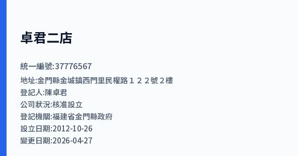 卓君二店的照片-統編 37776567(金門縣) 公司登記資料與營業項目詳細圖表