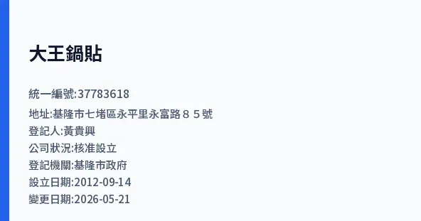 大王鍋貼的照片-統編 37783618(基隆市) 公司登記資料與營業項目詳細圖表