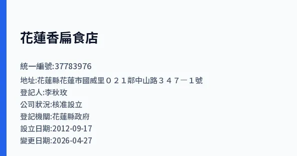 花蓮香扁食店的照片-統編 37783976(花蓮縣) 公司登記資料與營業項目詳細圖表