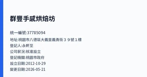 群豐手感烘焙坊的照片-統編 37785094(桃園市) 公司登記資料與營業項目詳細圖表