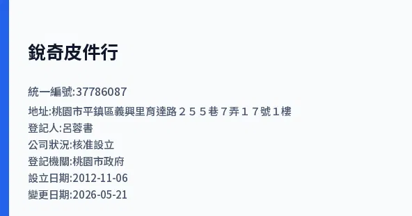 銳奇皮件行的照片-統編 37786087(桃園市) 公司登記資料與營業項目詳細圖表