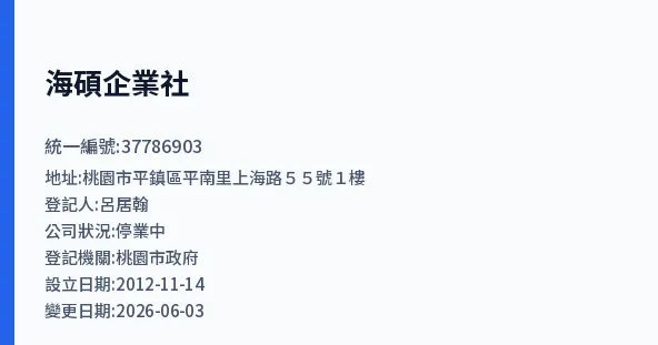 海碩企業社的照片-統編 37786903(桃園市) 公司登記資料與營業項目詳細圖表