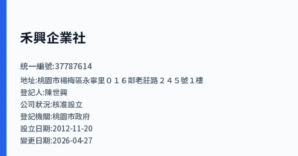 禾興企業社的照片-統編 37787614(桃園市) 公司登記資料與營業項目詳細圖表